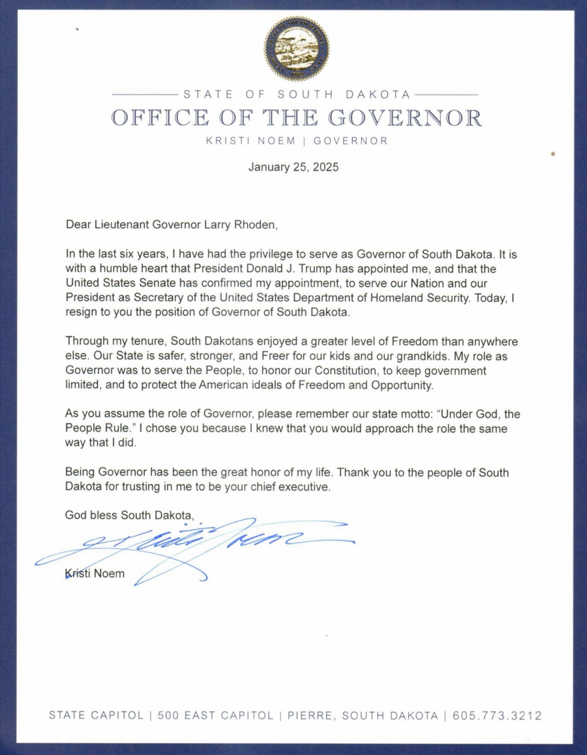Governor Noem’s resignation letter – SoDak Governors